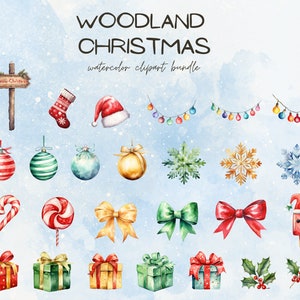 Woodland Christmas Clipart, Watercolor Winter PNG, Forest Christmas ...