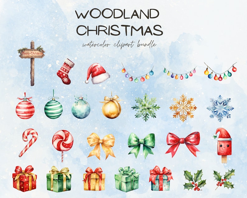 Woodland Christmas Clipart, Watercolor Winter PNG, Forest Christmas ...