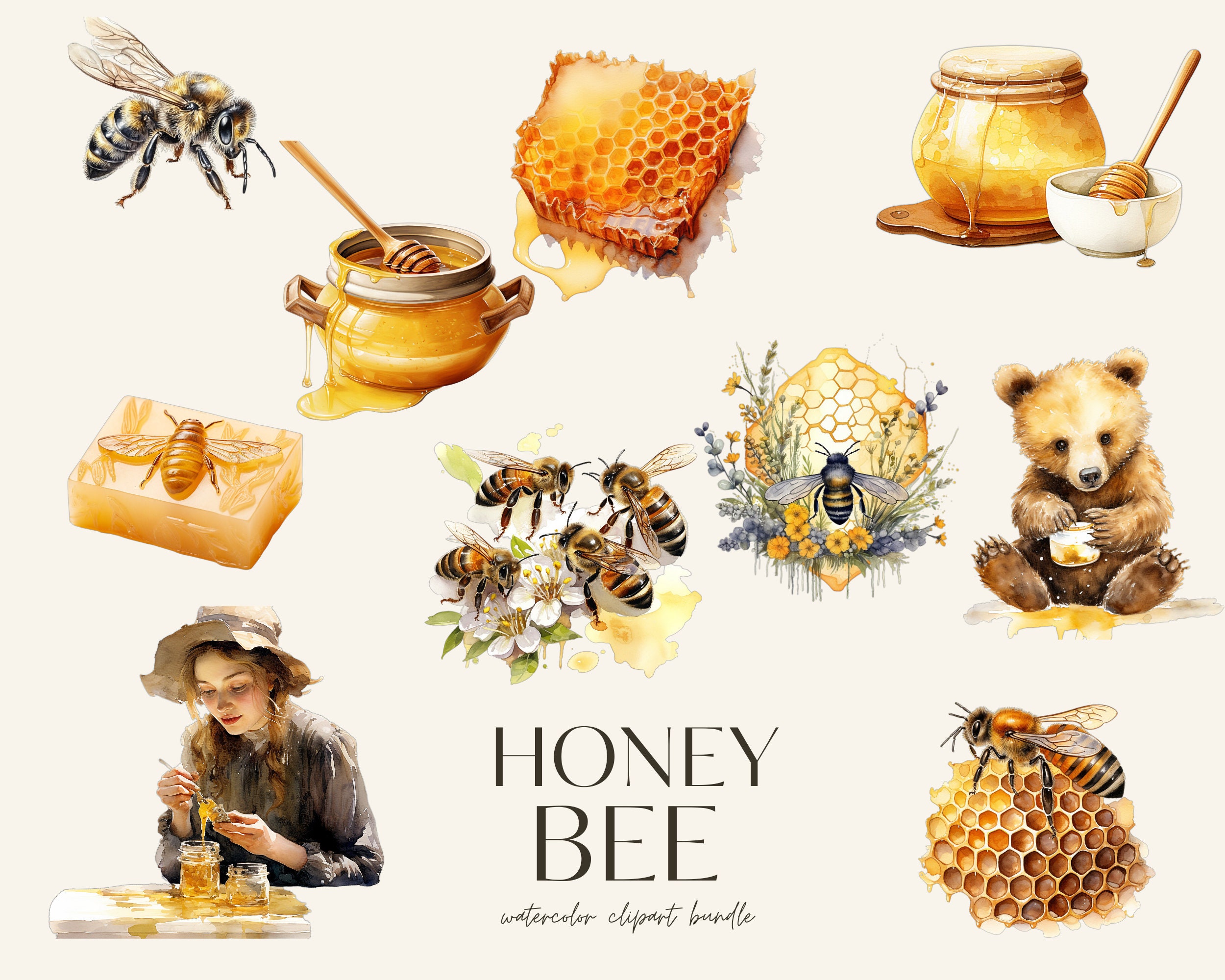 Honey Bee Watercolor Clipart, Bee and Honey Drips Spring Garden Clipart ...
