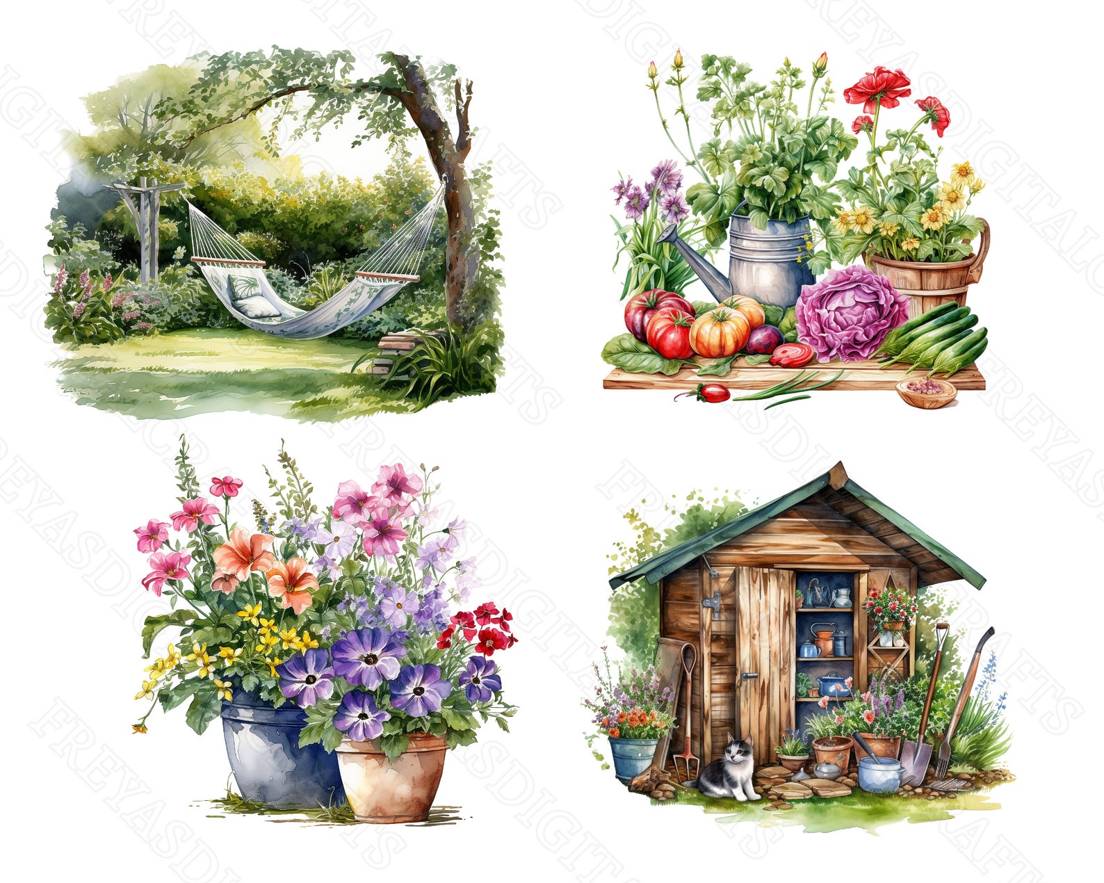 Summer Garden Clipart-watercolor Garden-summer-spring-seasonal Clipart ...
