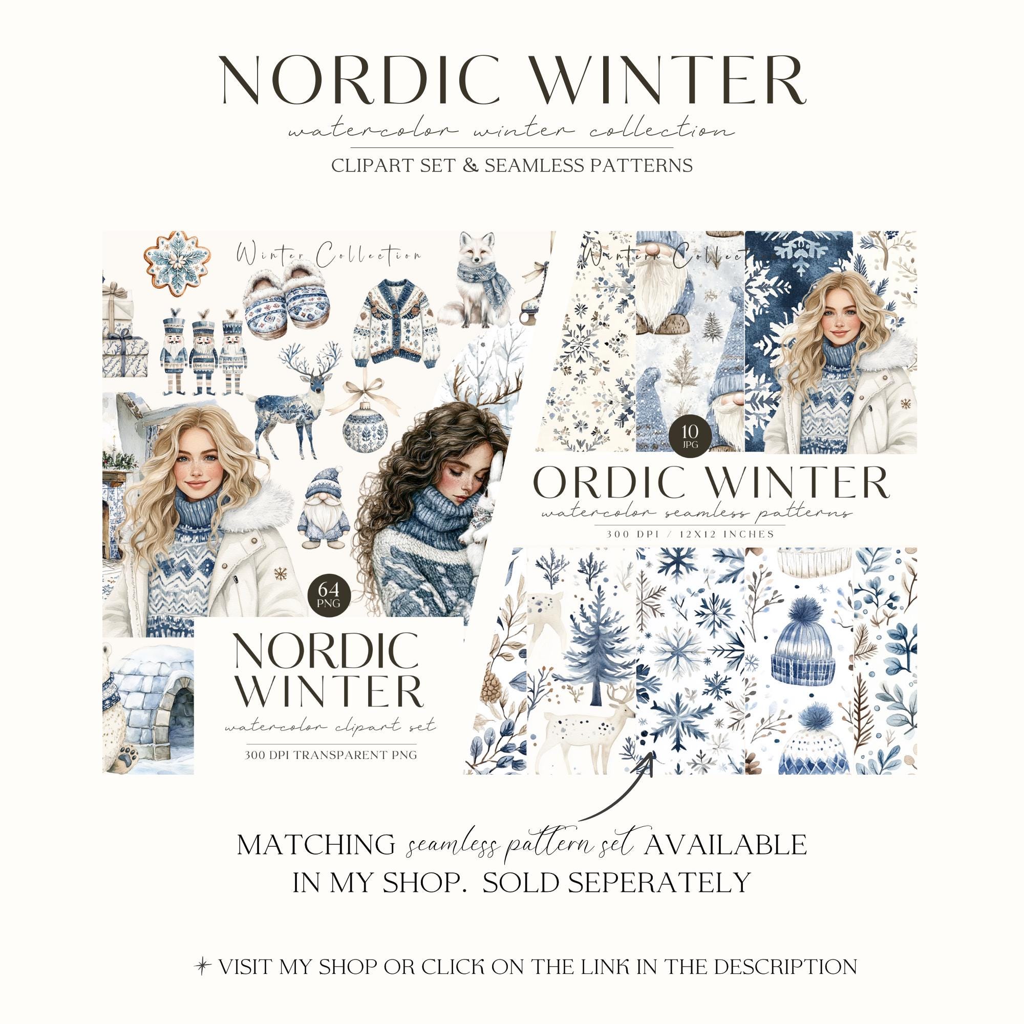 Cozy Winter Clipart, Bluey PNG Bundle, Watercolor Nordic Winter ...