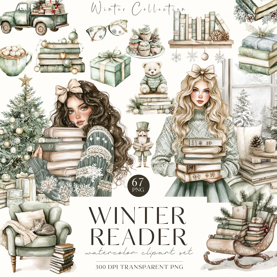 Winter Reading Clip Art, Watercolor Book Lover, Winter Clip Art ...