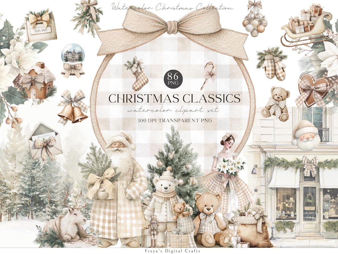 Watercolor Neutral Christmas Clipart, Cozy Rustic Christmas Graphics ...