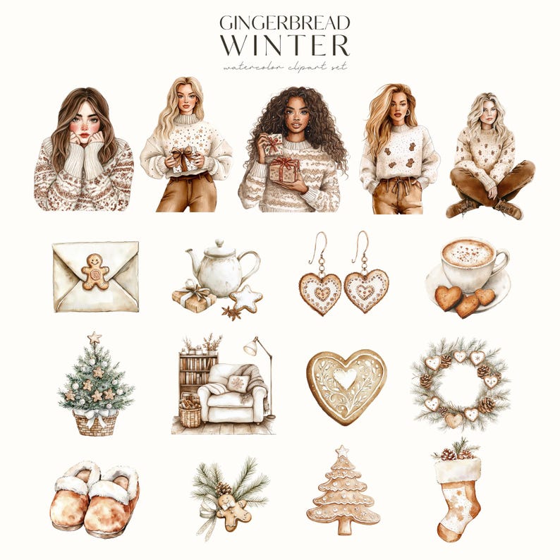Cozy Winter Clipart, Gingerbread, Watercolor Christmas Cuteness Png ...