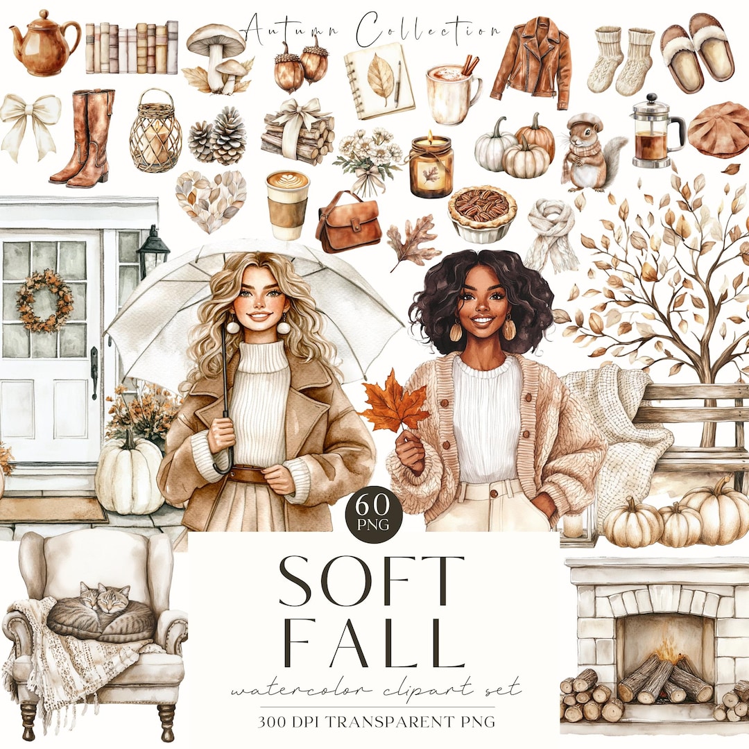Watercolor Cozy Neutral Autumn Clipart, Artful Autumn PNG, Beige ...