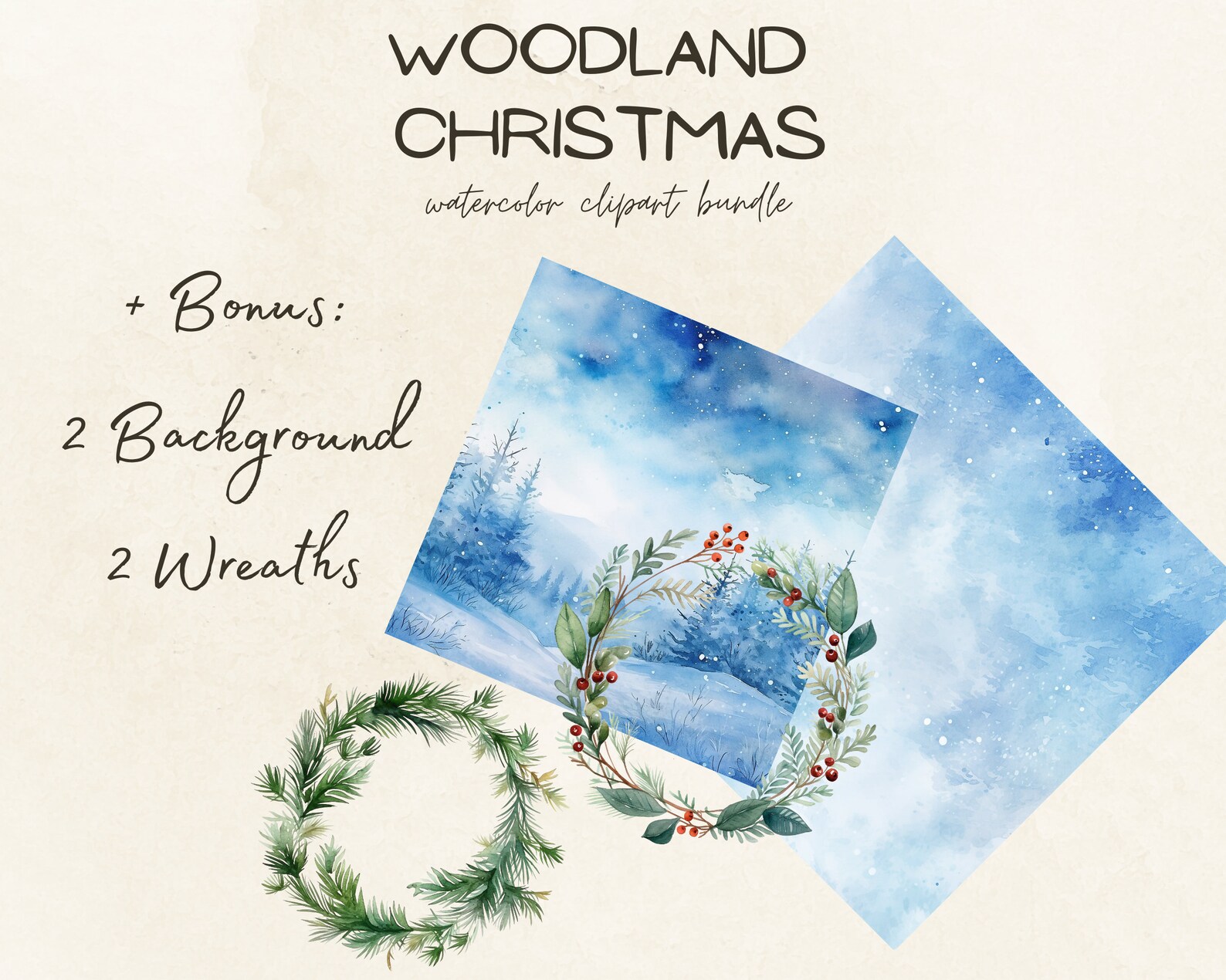 Woodland Christmas Clipart, Watercolor Winter PNG, Forest Christmas ...