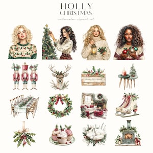 Cozy Christmas Clipart, Watercolor Cozy Winter Bundle, Christmas Holly ...