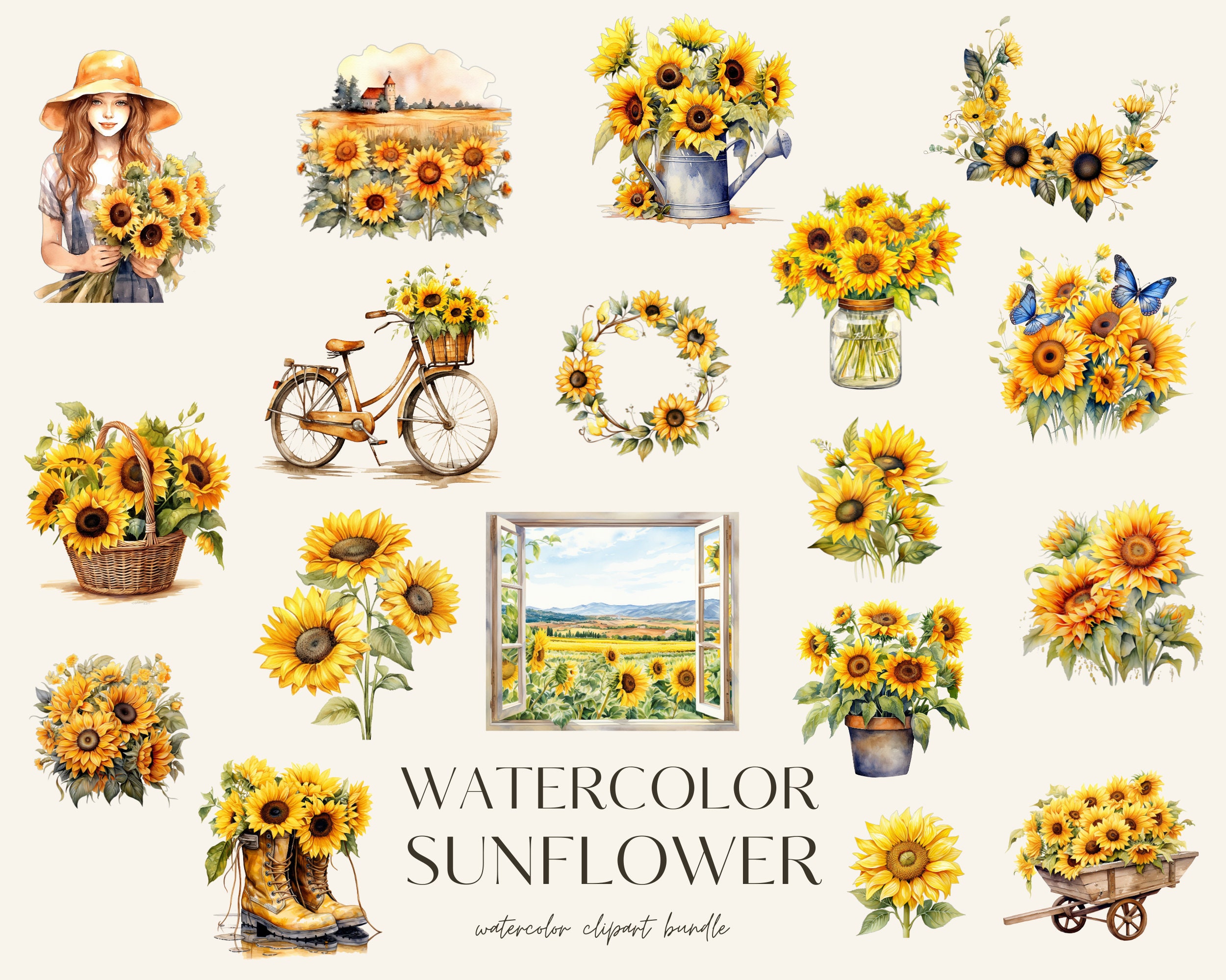 Sunflowers Watercolor Clipart, Fall Sunflower Floral Bouquets in PNG ...