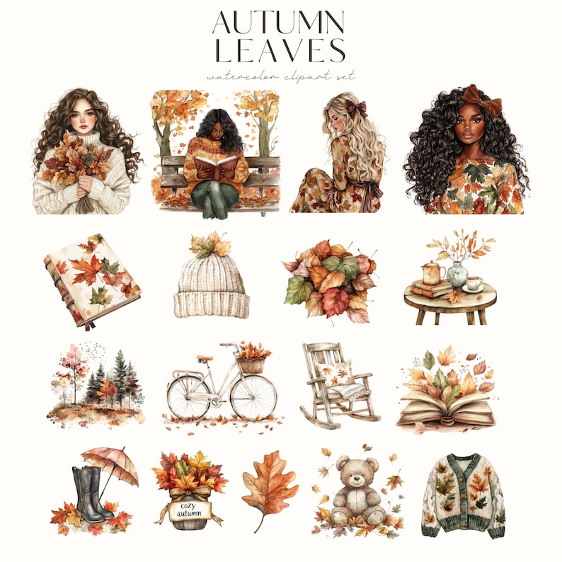 Cozy Autumn Clipart, Watercolor Fall Leaves Graphics PNG, Foliage, Cozy ...