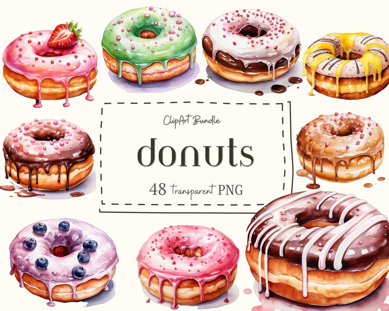 48 Watercolor Donuts Art, Donuts Clipart, Dessert Clipart Bundle, Sweet ...