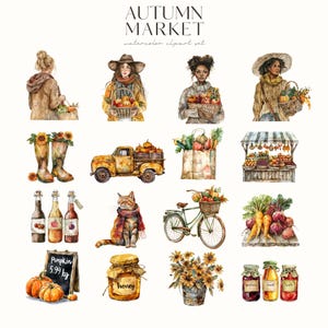 Cozy Autumn, Watercolor Autumn Market Clipart, Cozy Fall PNG Graphics ...