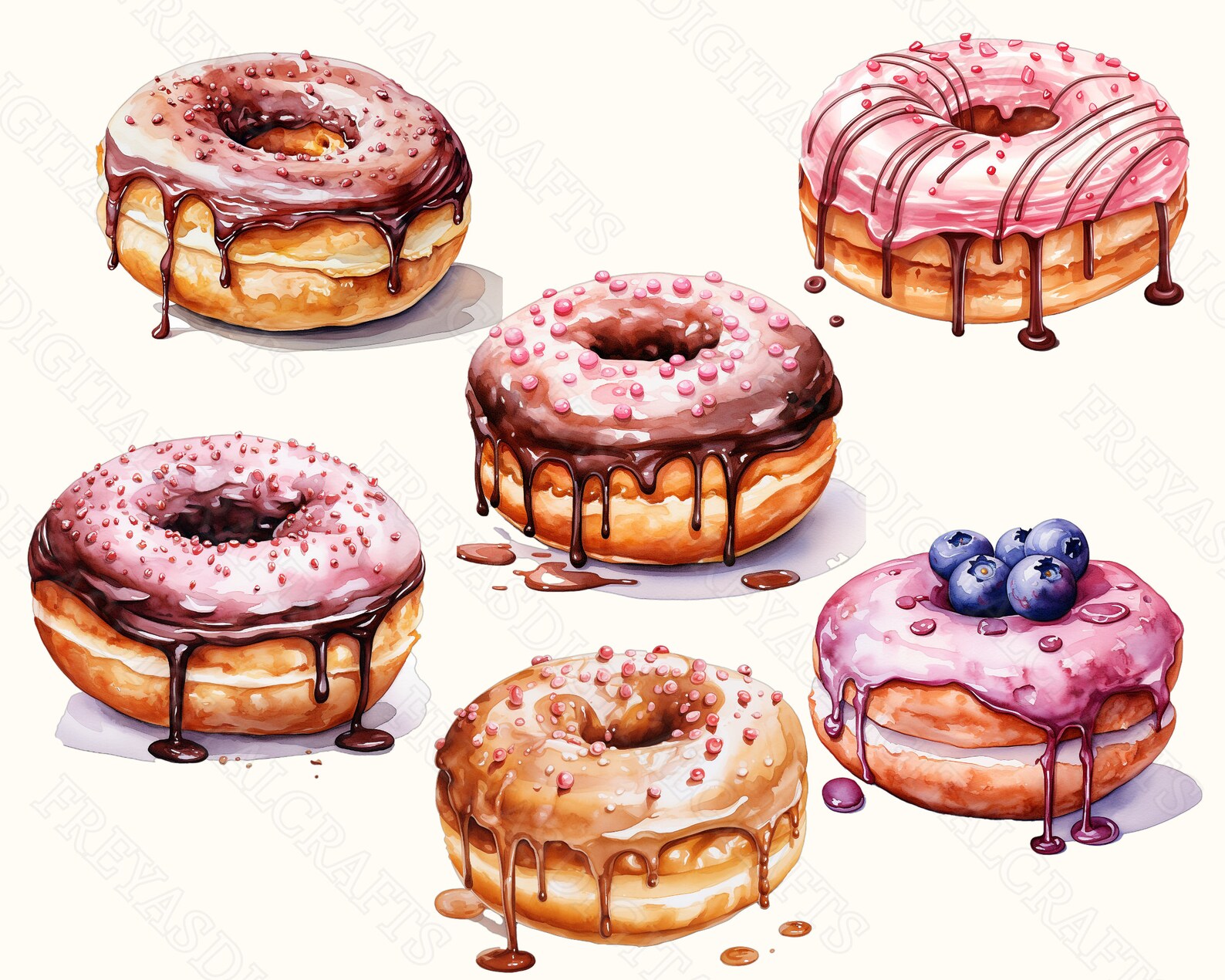 48 Watercolor Donuts Art, Donuts Clipart, Dessert Clipart Bundle, Sweet ...
