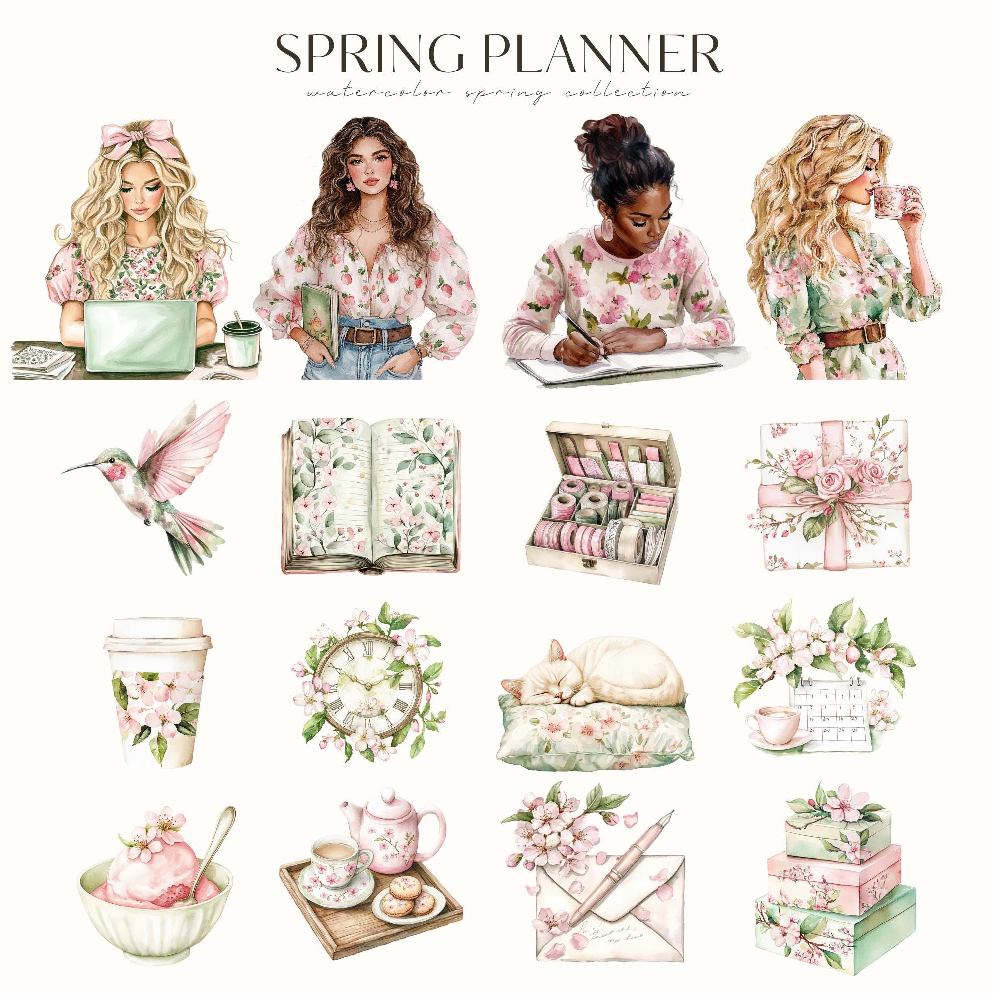 Watercolor Spring Planner Clipart, Book Lover, Floral PNG, Planner Girl ...