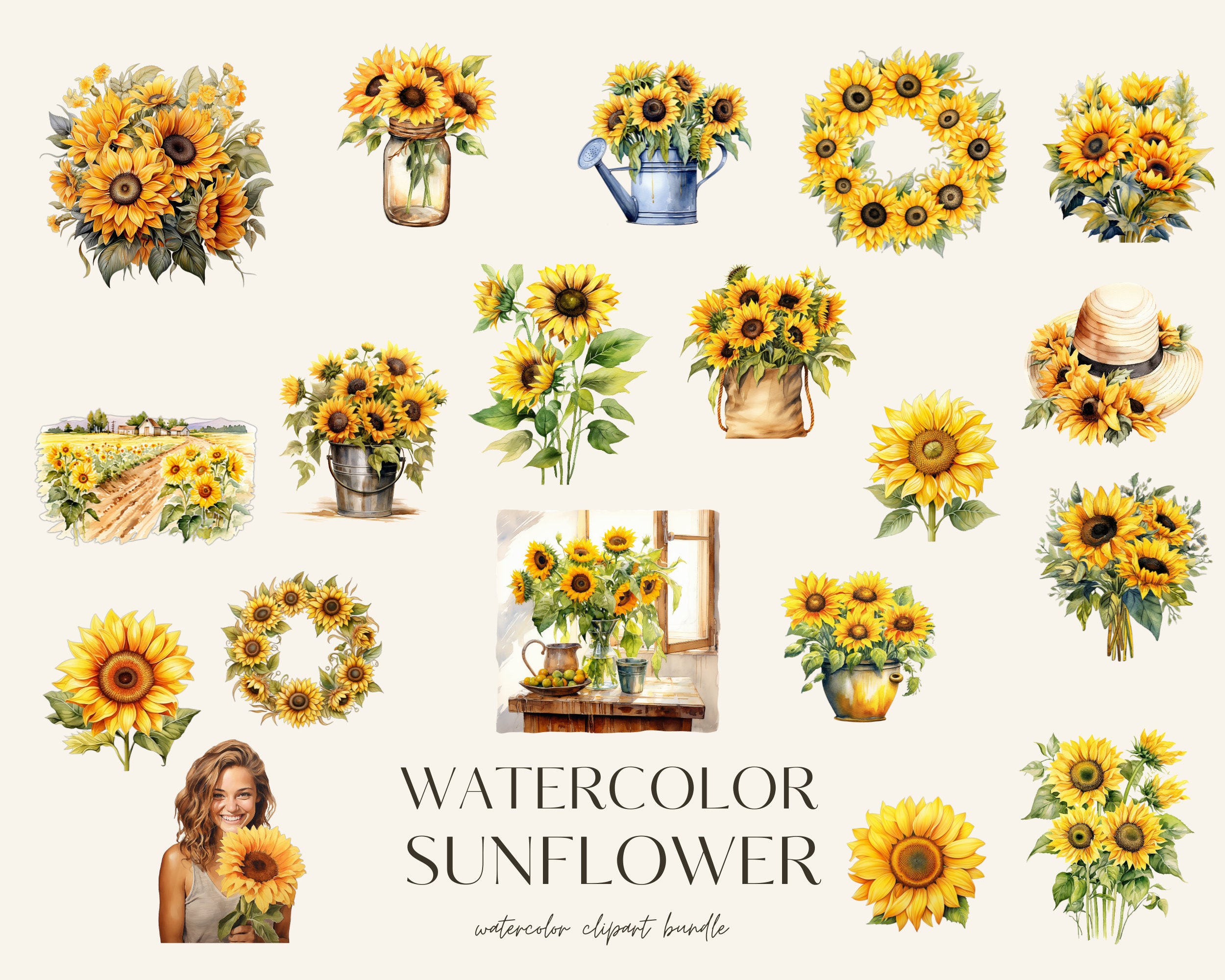 Sunflowers Watercolor Clipart, Fall Sunflower Floral Bouquets in PNG ...