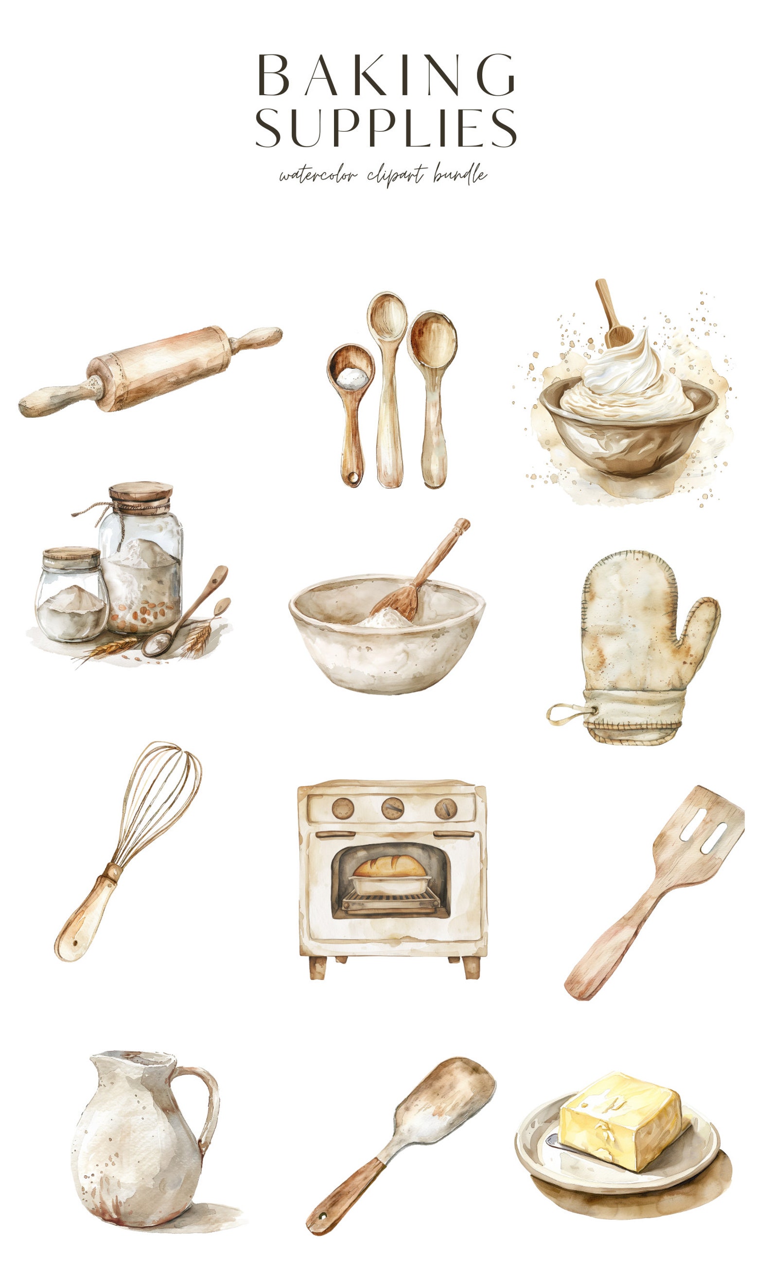 Baking Supplies Clipart, Watercolor Baking PNG Bundle, Bakery, Logo ...