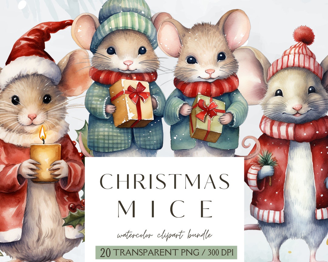 Christmas Mice Clipart, Watercolor Christmas Mouse, Winter Clipart ...