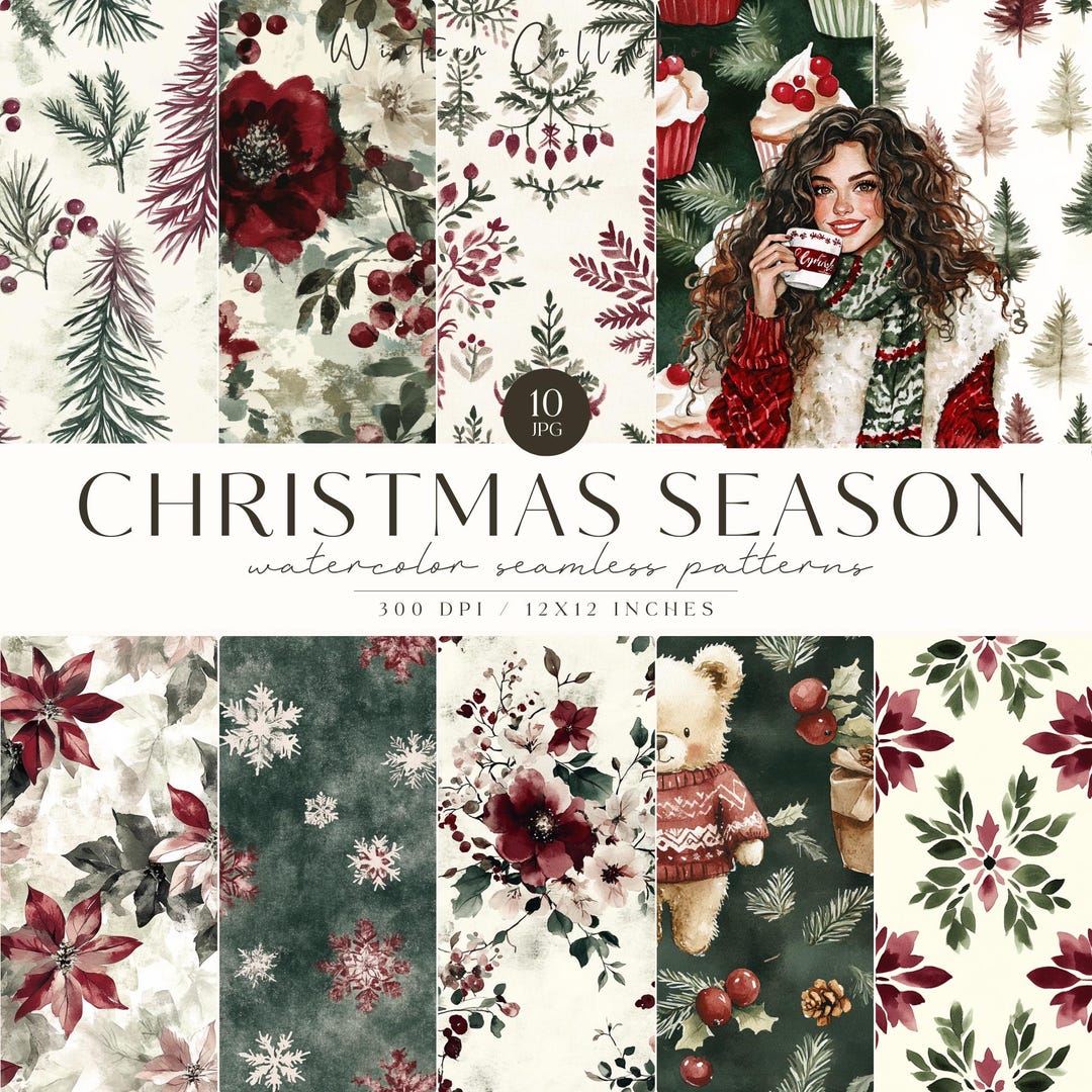 Classic Christmas Seamless Patterns, Cozy Christmas Pattern, Pine ...