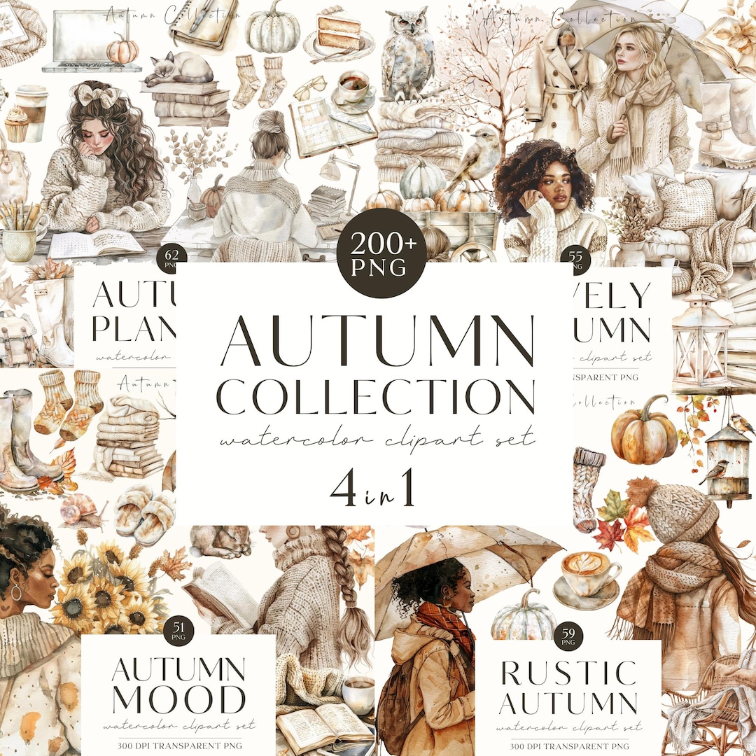 Cozy Autumn Large Bundle, Watercolor Neutral Fall Clipart, Seasonal PNG ...