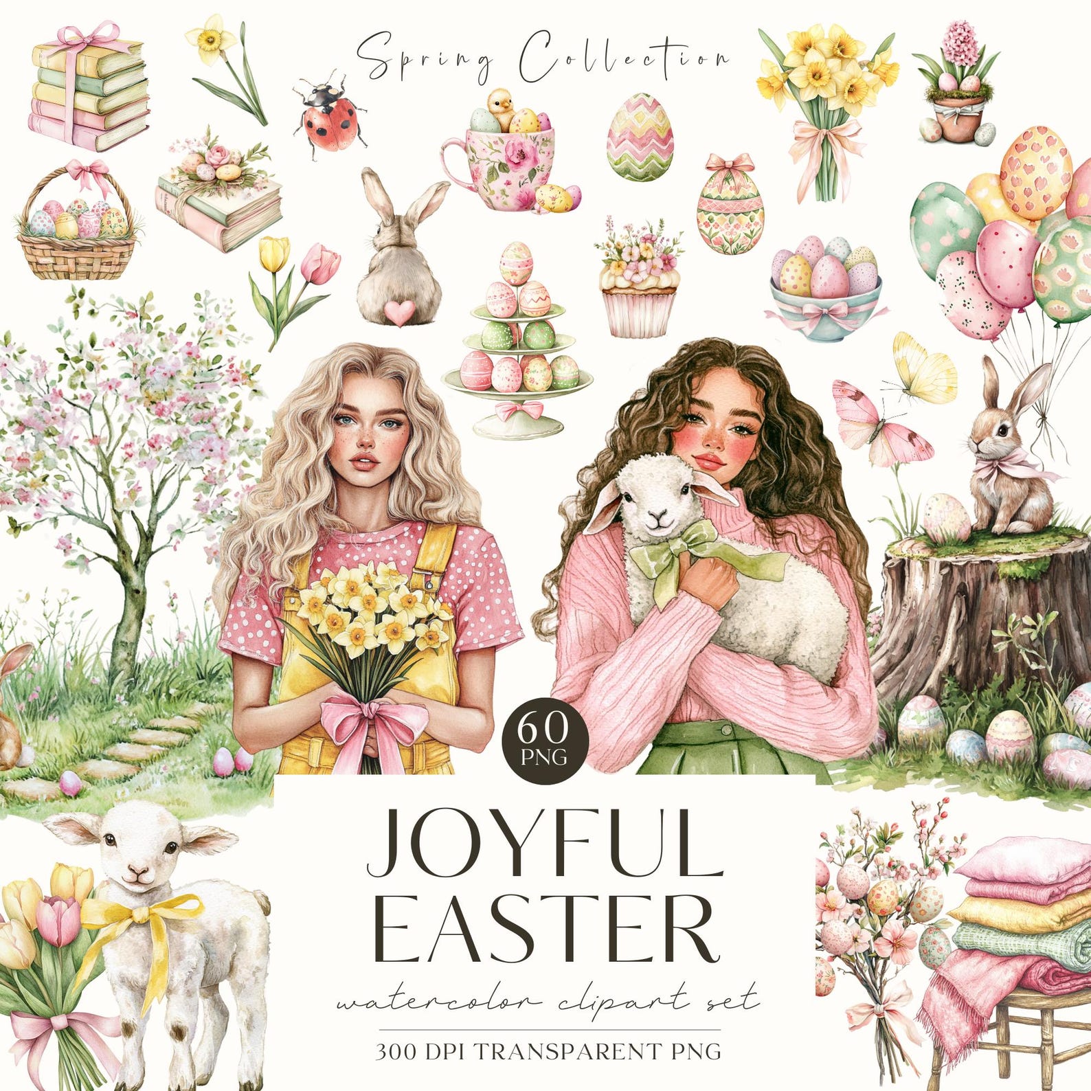 Happy Easter Clipart, Watercolor Springtime, Easter Bunny, Easter Egg ...