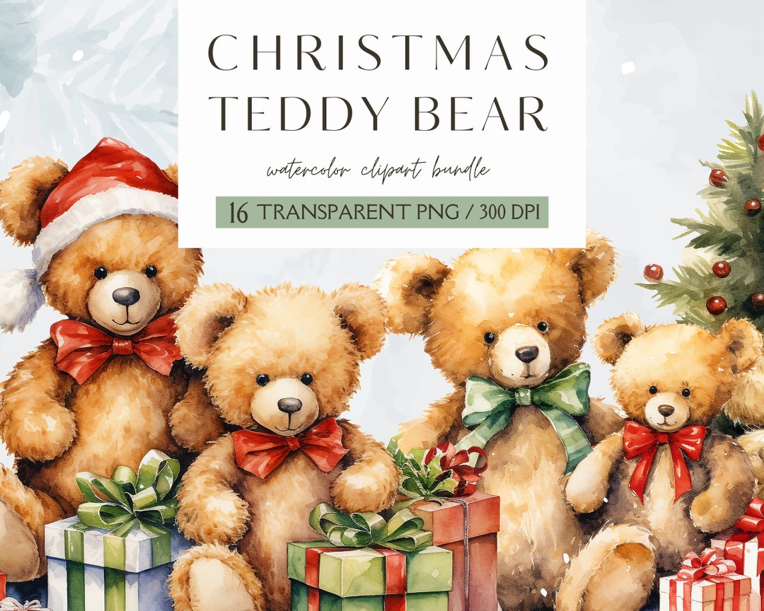 Christmas Teddy Bear, Watercolor Christmas Bear, Winter Clipart, Cute ...