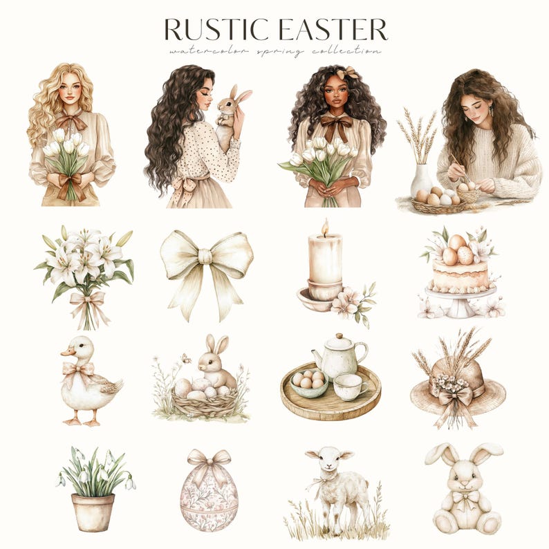Rustic Easter Clipart, Watercolor Neutral Easter, Easter Bunny, Easter ...