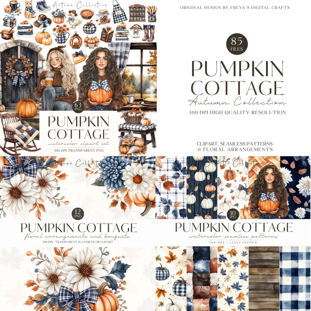 Watercolor Cozy Autumn Pumpkin Clipart, Pumpkin Spice, Fall Cottage Set ...