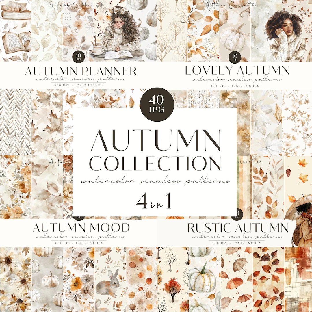 Cozy Autumn Seamless Patterns, Watercolor Neutral Fall JPG, Large ...