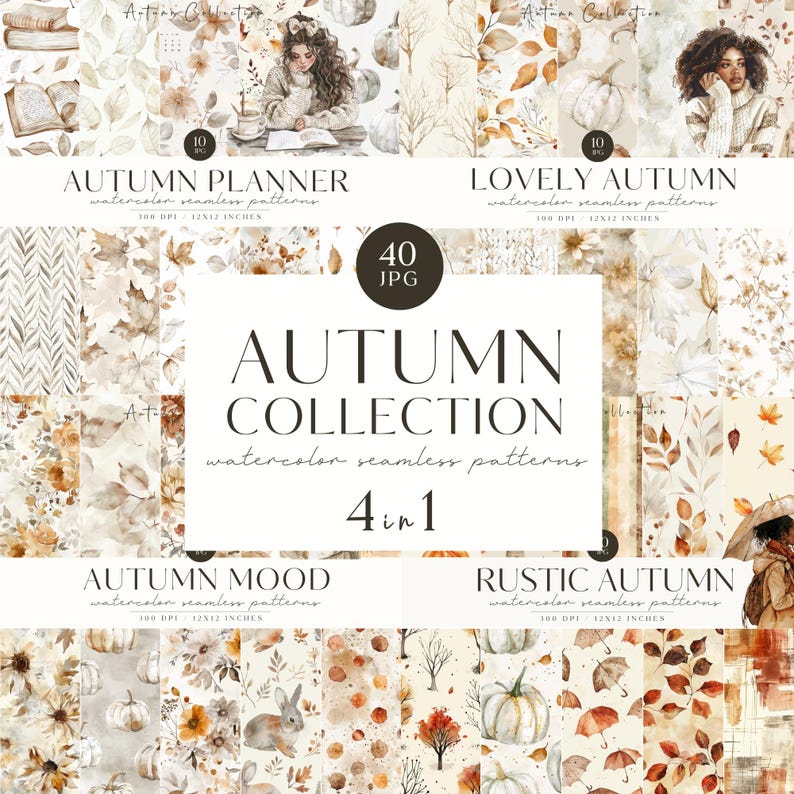 Cozy Autumn Seamless Patterns, Watercolor Neutral Fall JPG, Large ...