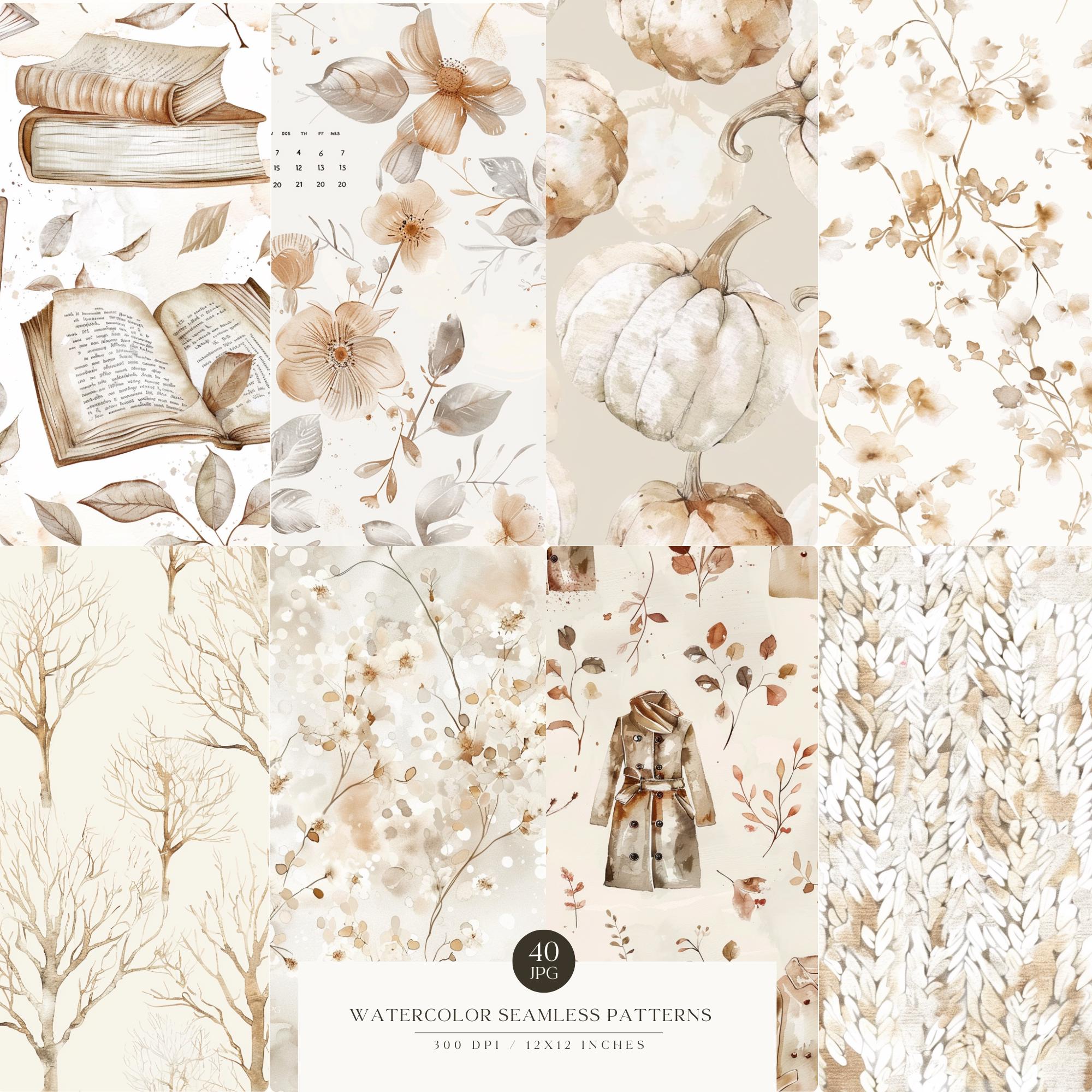 Cozy Autumn Seamless Patterns, Watercolor Neutral Fall JPG, Large ...