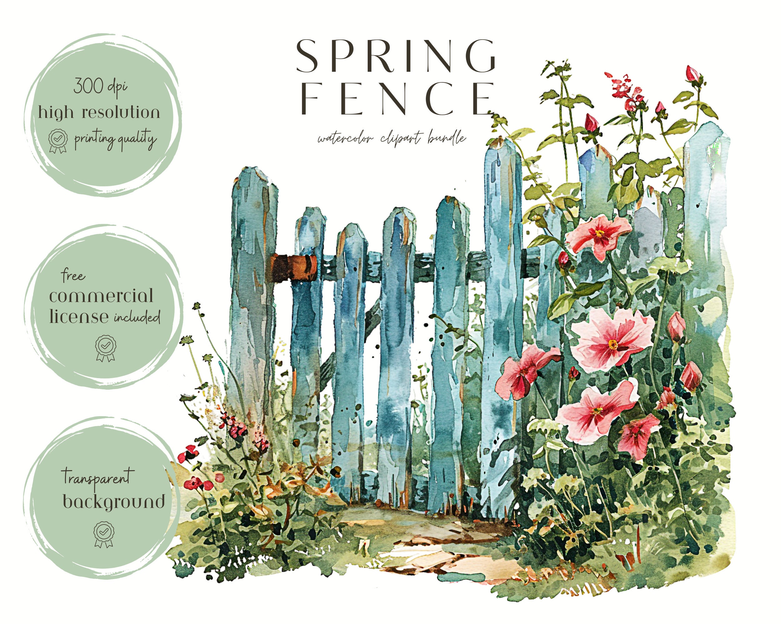 Spring Fence Clipart Bundle, Watercolor Spring, PNG Design Spring ...