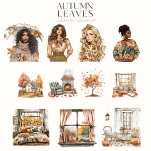 Cozy Autumn Clipart, Watercolor Fall Leaves Graphics PNG, Foliage, Cozy ...