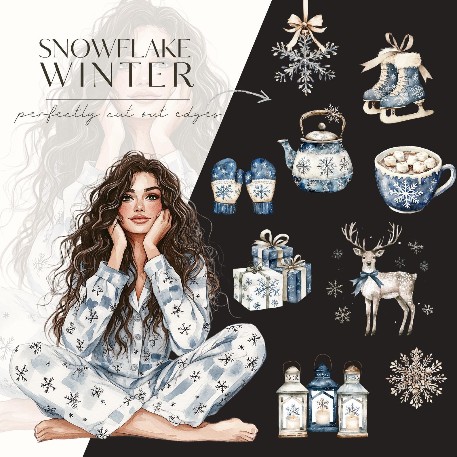 Cozy Winter Clipart, Snowflake PNG Bundle, Watercolor Bluey Clipart ...