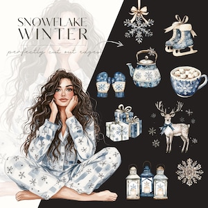 Cozy Winter Clipart, Snowflake PNG Bundle, Watercolor Bluey Clipart ...
