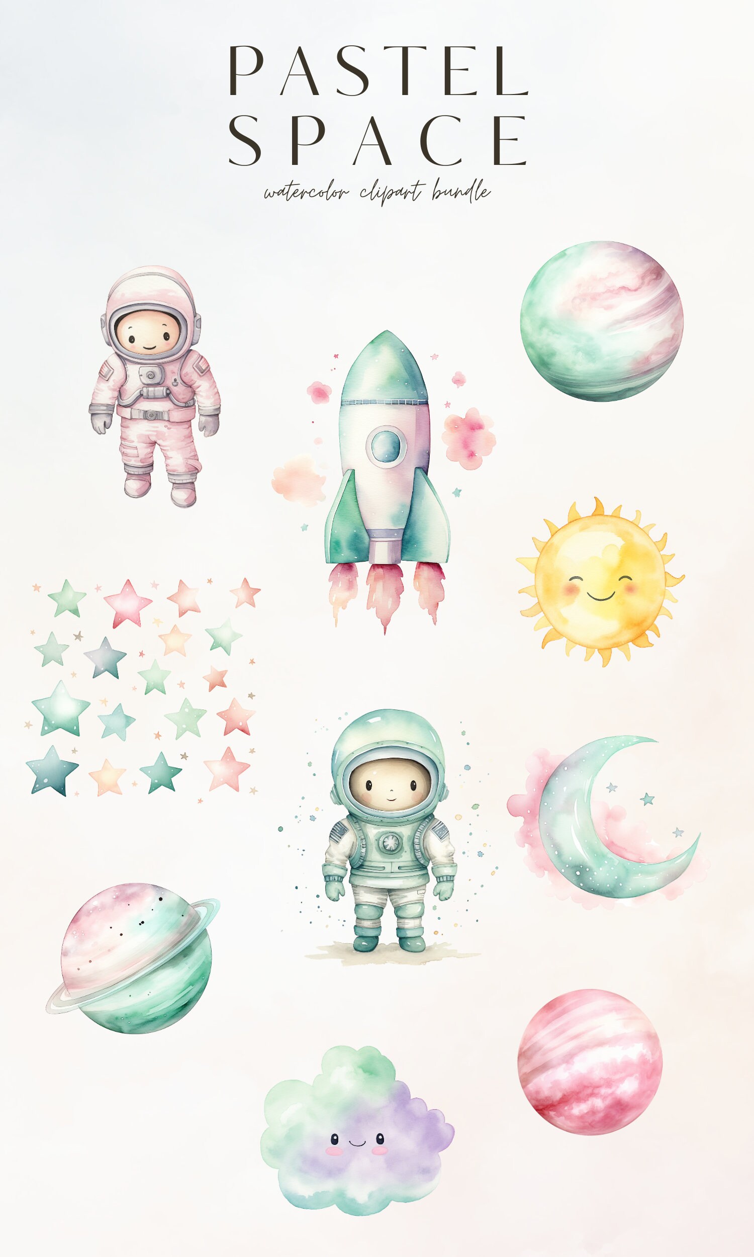Watercolor Cute Space Clipart Bundle, Pastel Girl Astronaut Nursery ...