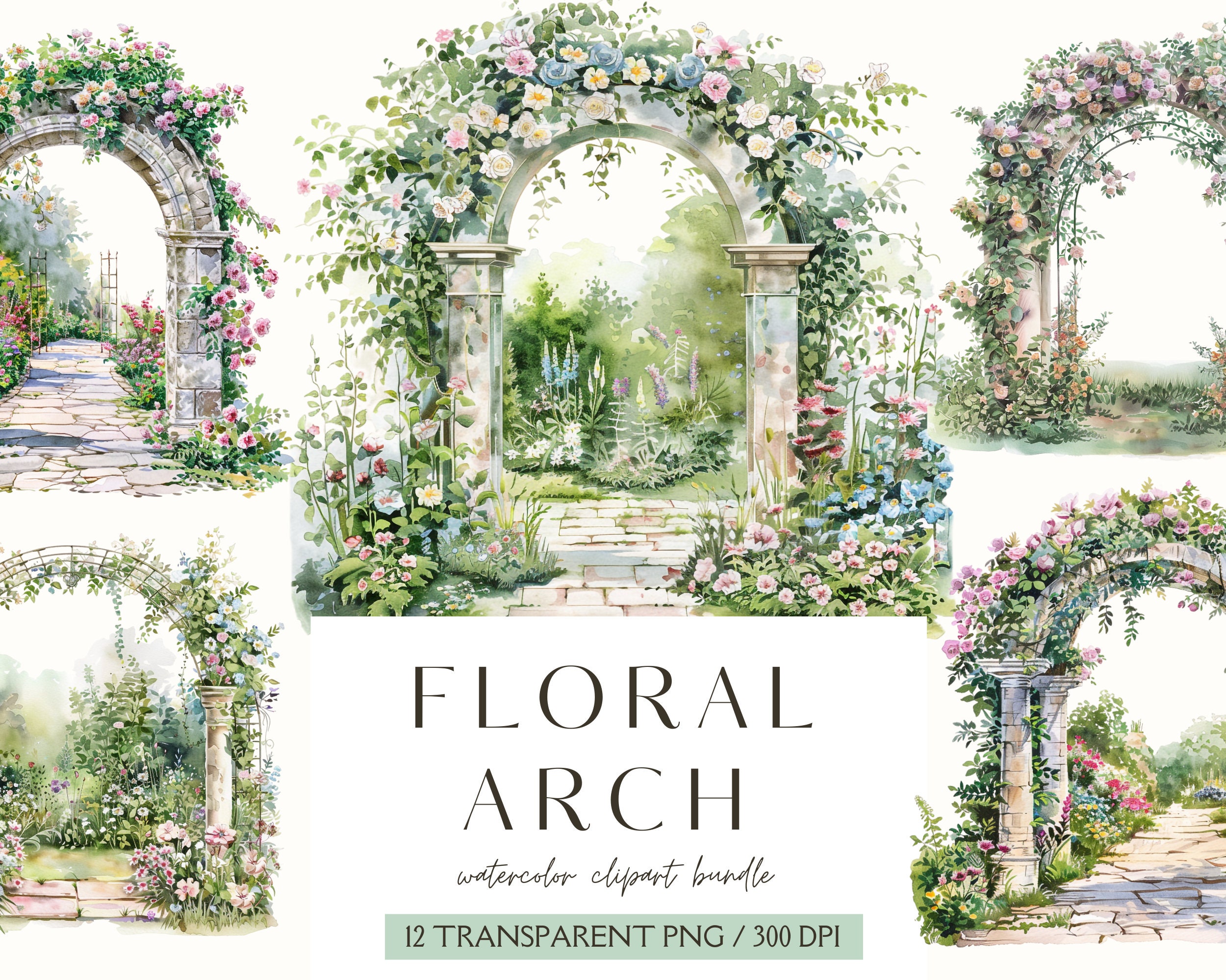 Floral Arch Clipart Bundle, Watercolor Floral, PNG Design Spring ...