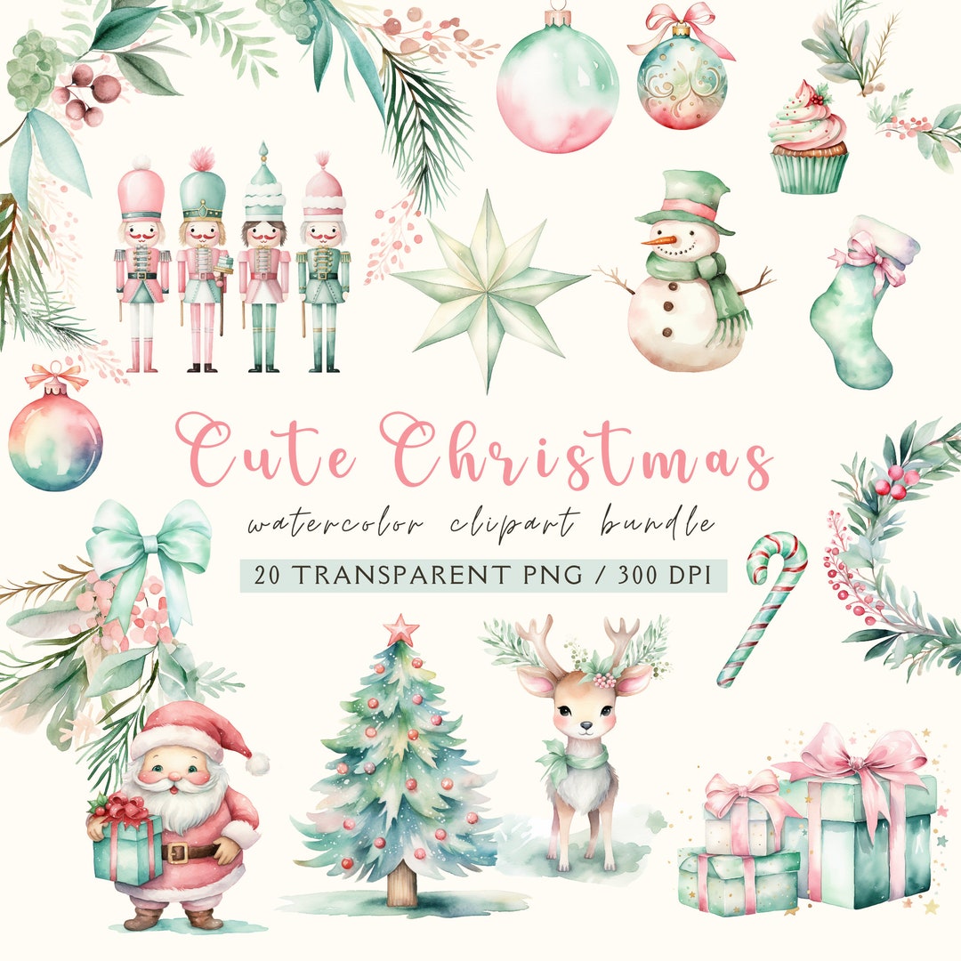 Cute Christmas Clipart, Watercolor Christmas PNG, Pink Christmas Bundle ...