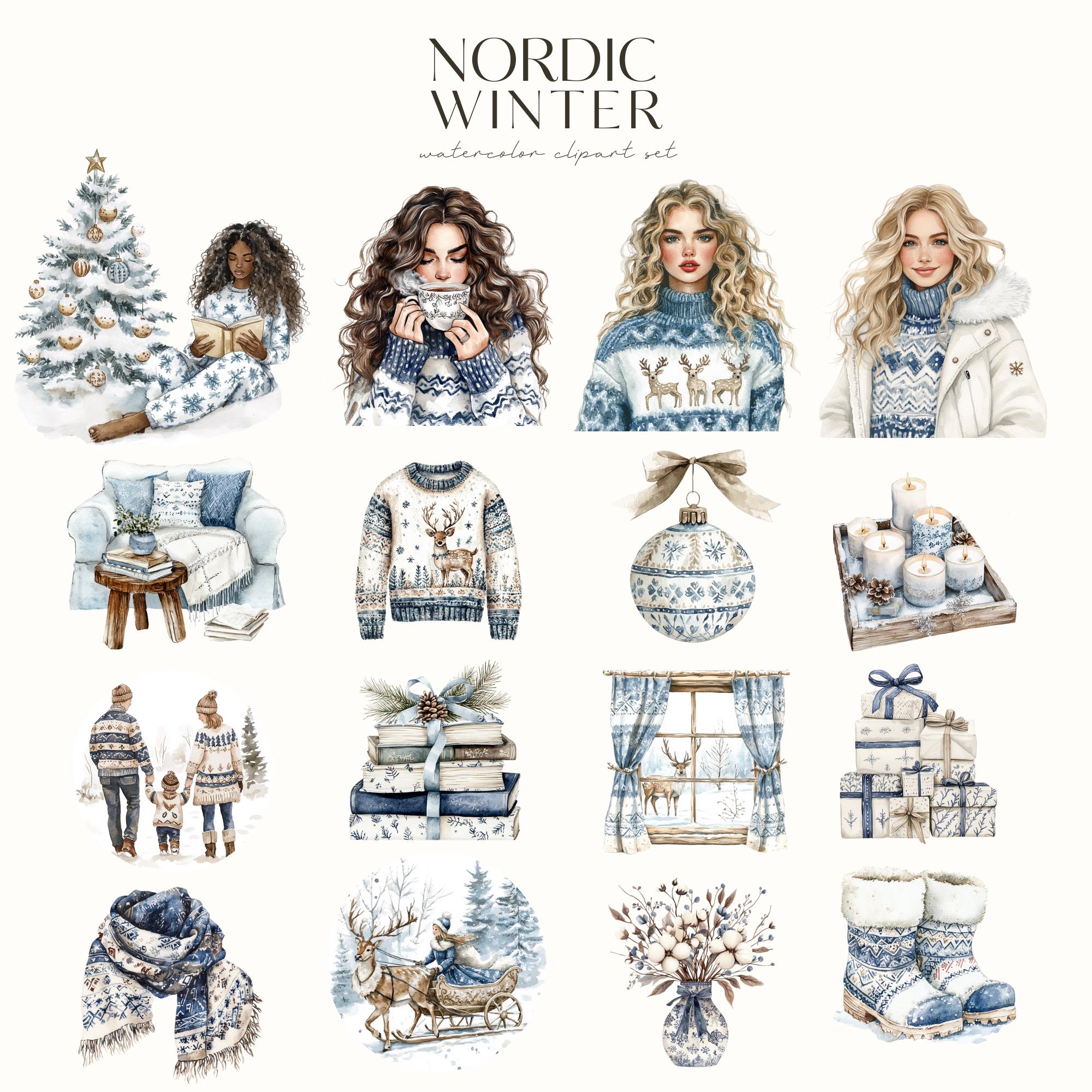 Cozy Winter Clipart, Bluey PNG Bundle, Watercolor Nordic Winter ...