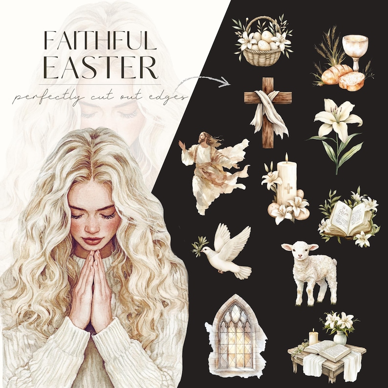 Religious Easter Clipart, Watercolor Neutral Easter Clipart, Cross, He ...