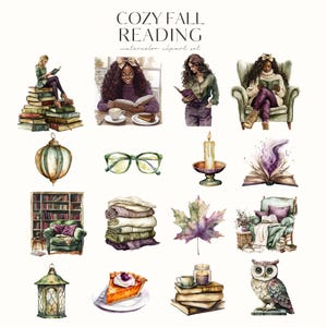 Cozy Fall Reading Clipart, Watercolor Autumn Book Lover, Fall PNG ...