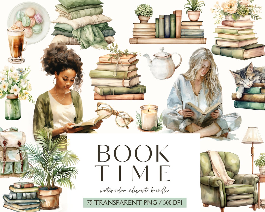 Book Lover Clipart, Book Time Watercolor, Planner Girl, Bookworm ...