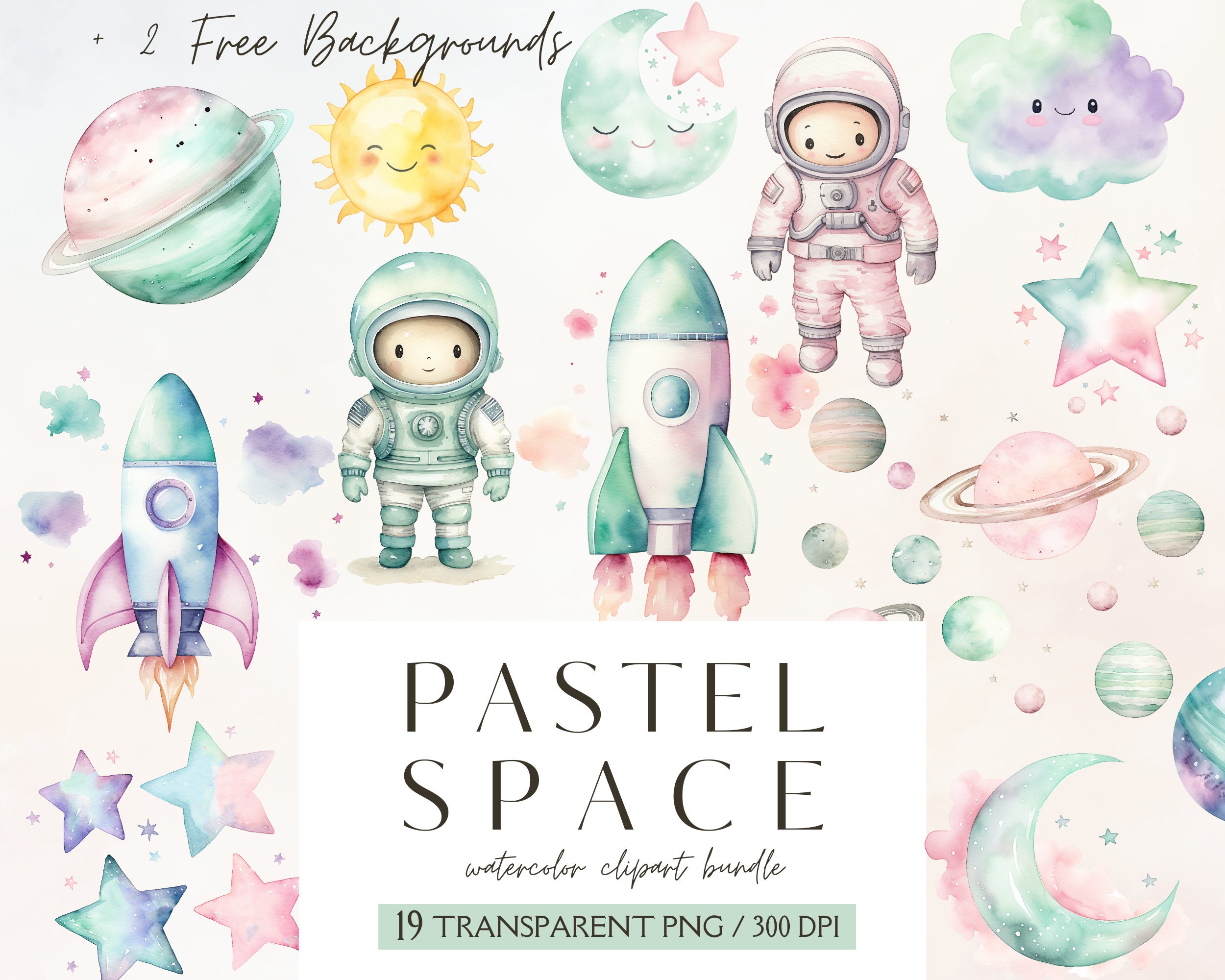 Watercolor Cute Space Clipart Bundle, Pastel Girl Astronaut Nursery ...