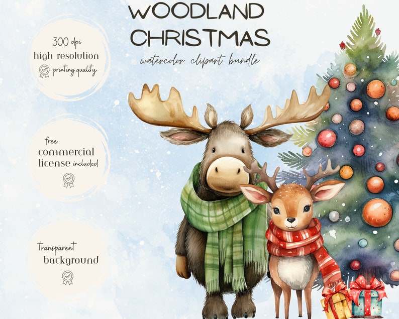 Woodland Christmas Clipart, Watercolor Winter PNG, Forest Christmas ...