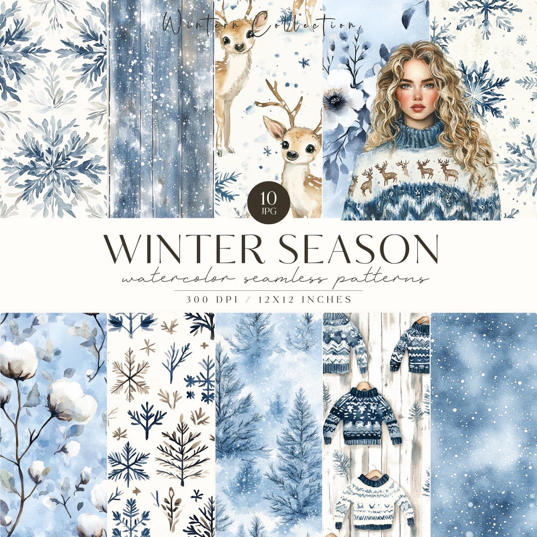 Cozy Winter Seamless Patterns, Watercolor Snowflake, Bluey Coziness ...