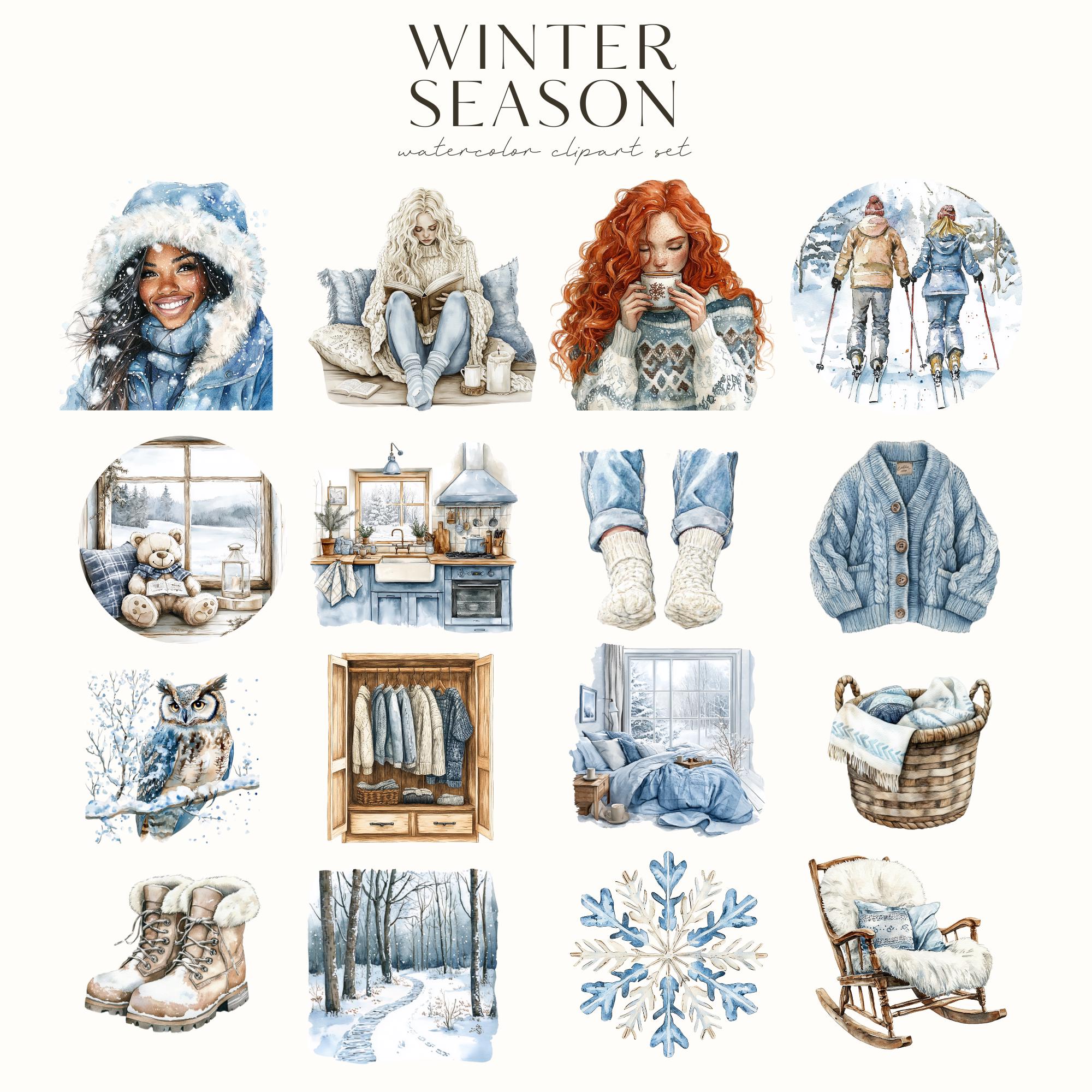 Cozy Winter Clipart, Bluey PNG Bundle, Watercolor Snowflake, Winter ...