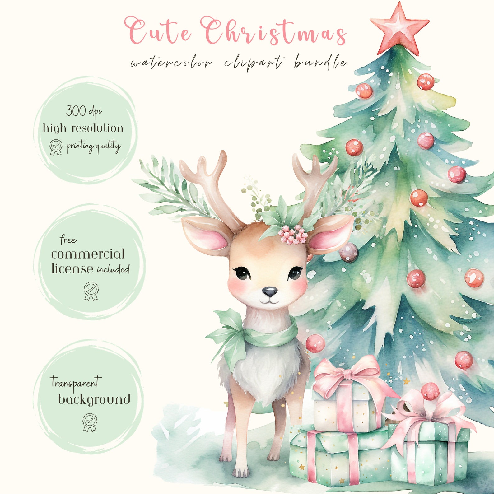 Cute Christmas Clipart, Watercolor Christmas PNG, Pink Christmas Bundle ...