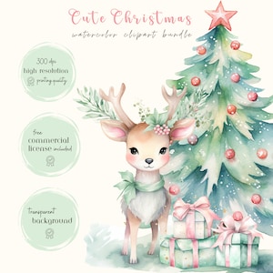 Cute Christmas Clipart, Watercolor Christmas PNG, Pink Christmas Bundle ...