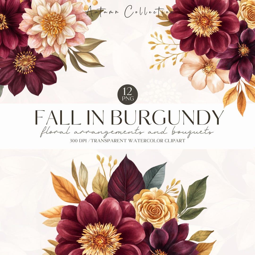 Watercolor Burgundy Fall Floral Clipart, Autumn Floral Bouquet, Fall ...