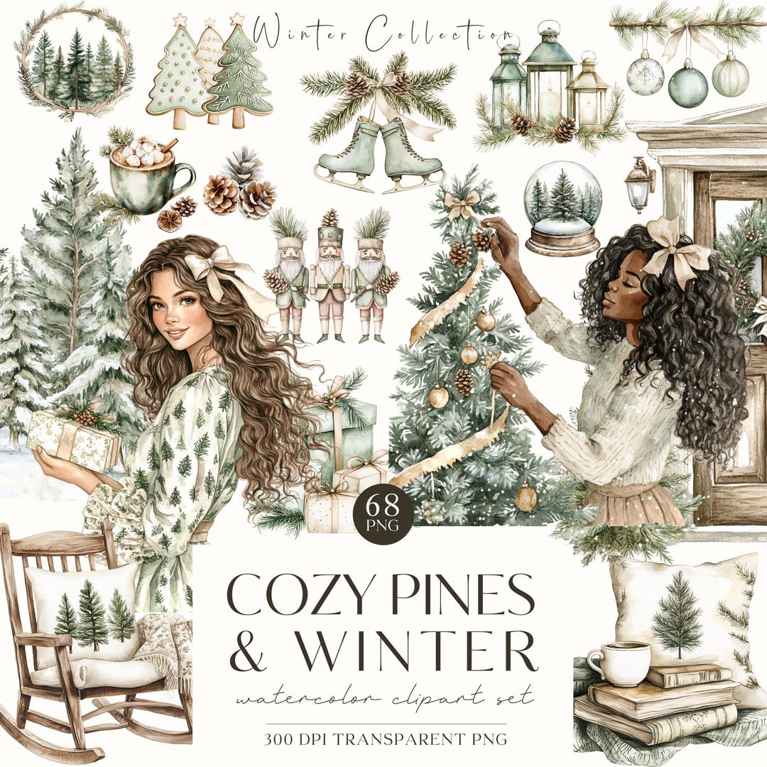 Cozy Winter Clipart, Pine PNG, Watercolor Neutral Christmas Graphics ...