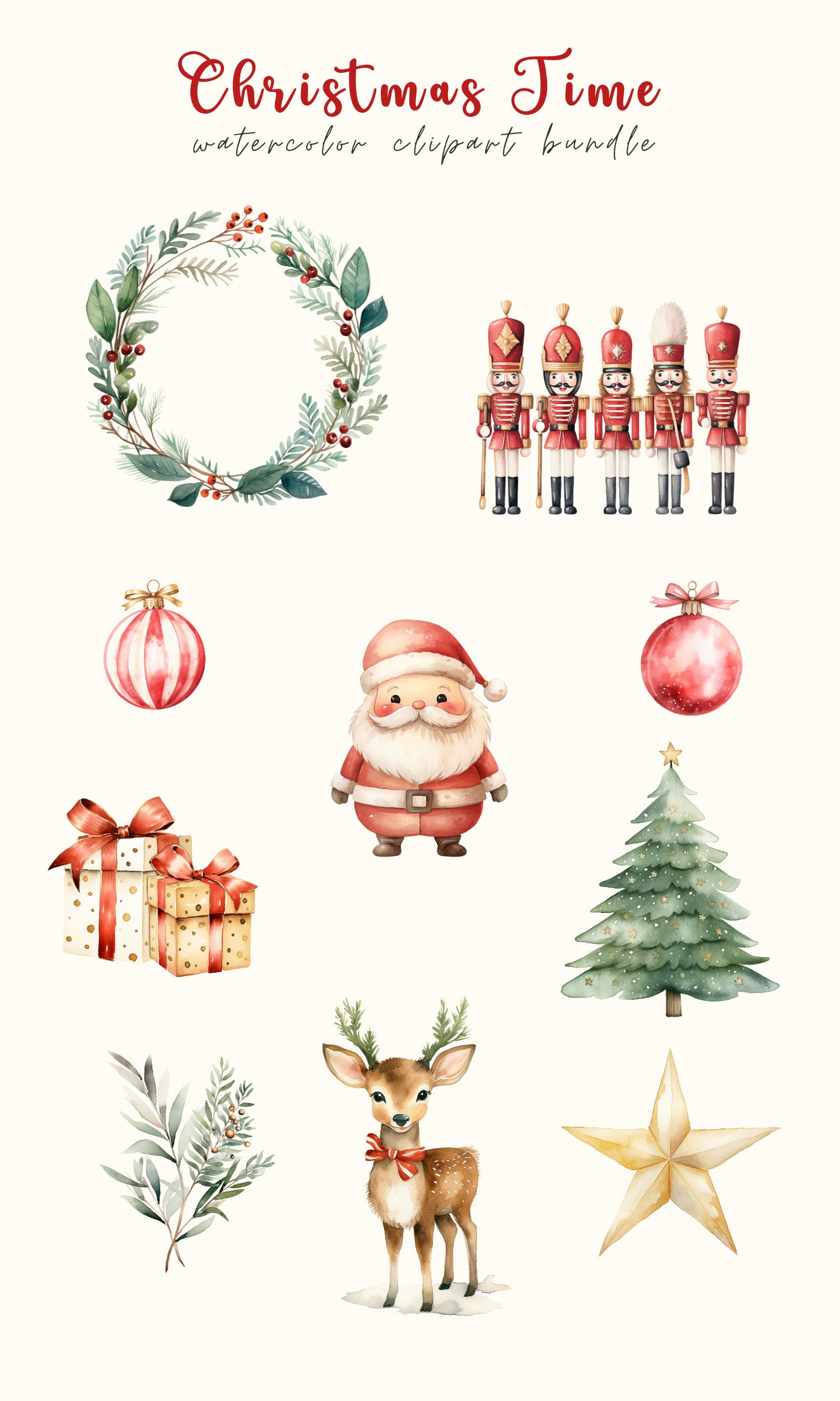 Cute Watercolor Christmas Clipart, Red and Gold Christmas PNG ...