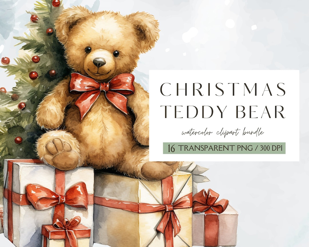 Christmas Teddy Bear, Watercolor Christmas Bear, Winter Clipart, Cute ...